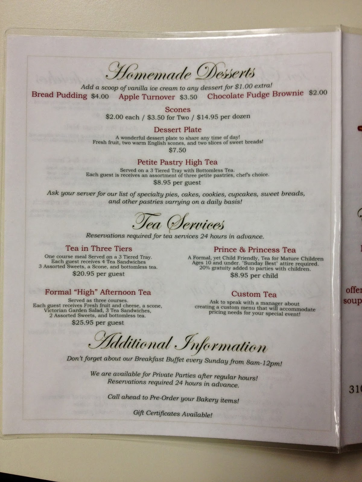 Von's Victorian Bakery, Tea Room, Cafe': Tea Room and Cafe' Menu